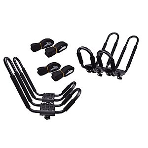 TMS Kayak Roof Racks for 2 Kayaks - Dual Universal Fit Carriers Include Two Sets of Straps for Cars, Trucks and SUVs - Easy to Mount J-Bar Style Carriers for Kayaks Canoes Paddleboards and Surfboards