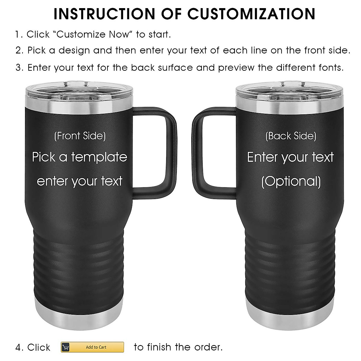 iProductsUS Personalized Tumbler with handle, Splash-Proof Lid, Engrave Your Name Customized Cup, Stainless Steel Insulated Coffee Mug, Father's Day Gifts for Dad (Black, 20oz)