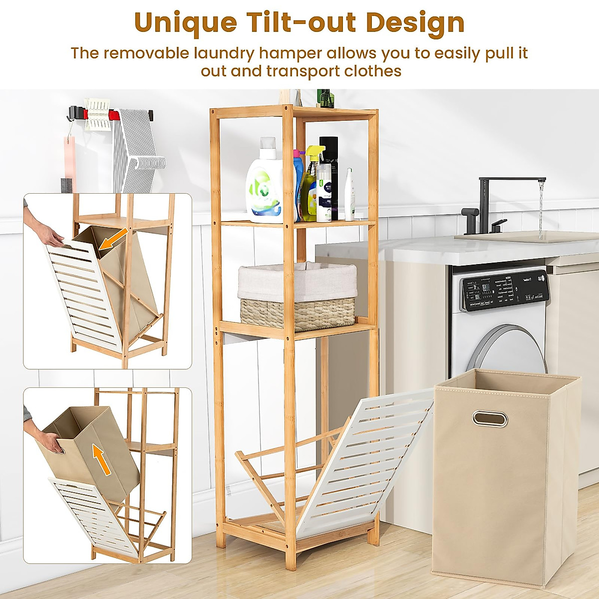 GOFLAME Tilt Out Laundry Hamper with 3-Tier Storage Shelves, 51” Tall Bathroom Storage Shelf with Removable Basket, Bamboo Laundry Basket Organizer for Bathroom, Laundry Room, Bedroom, Natural