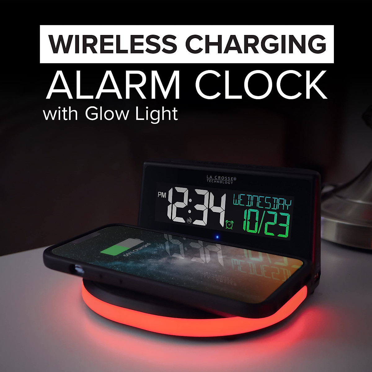 La Crosse Technology 617-148V2 Qi-Certified Wireless Charging Alarm Clock with Glowing Light Base