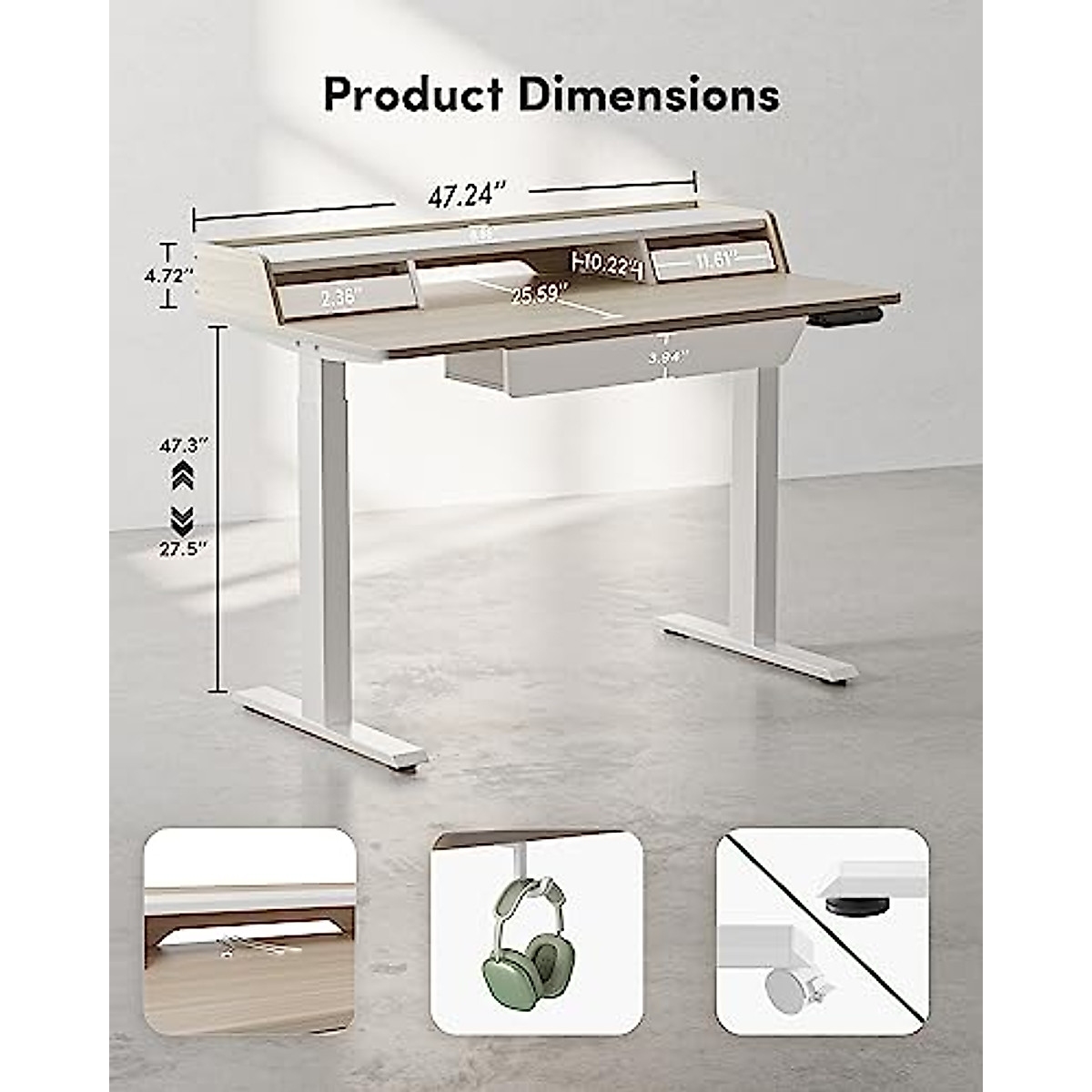 BANTI Height Adjustable Electric Standing Desk with Three Drawers, 48 x 25 Inch Table with Storage Shelf, Sit Stand Desk with Storage Space, Splice Board with White Frame/Light Walnut Top, 48 inch