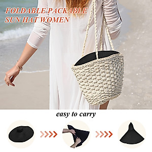 Oversized Sun Straw Hat for Women, UPF 50+ Floppy Wide Brim Summer Hat, Foldable Roll Up Travel Hat (Black, 11.8 Inches Brim Width)