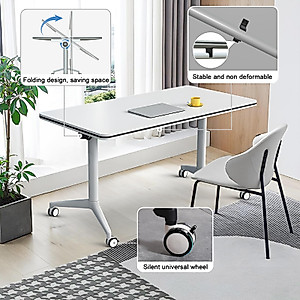 conference table,modern white office folding Flip Top Mobile Training Table 55"D x 21.6"W x 29.5"H The rounded table with wheels is convenient and fast,suitable for office,meeting room,classr ( 4Pcs)