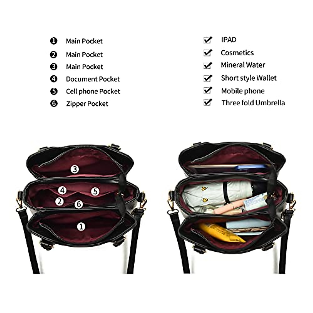 XIAOYU Purses and Handbags for Women Fashion Tote Bag Shoulder Bag Top Handle Satchel Purse Set 2pcs (Black)