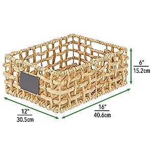 mDesign Water Hyacinth Open Weave Household Basket with Built-in Chalkboard Label for Storage in Bedroom, Bathroom, Office - Hold Clothes, Blankets, Linens, Accessories, 3 Pack - Natural/Tan
