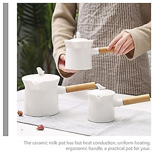 BESTonZON Ceramic Milk Warmer Pot 350ml Enamel Milk Pan Non-stick Milk Saucepan with Lid Porcelain Coffee Pot Food Bowl Butter Warmer with Wooden Handle for Heating Liquid Appetizer
