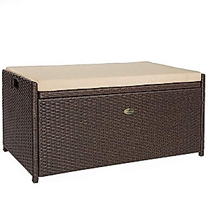 Mandycng Patio Outdoor Rattan Storage Bench w/Cushion, Weatherproof Poolside Deck Box Storage Shed Bin Backyard, Garden Wicker Seat Storage Bench Outdoor Furniture, 60 Gallon Capacity