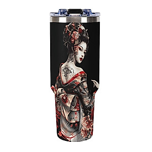 Japanese Geisha Tattoo 40 Oz Tumbler with Handle And Straw Lid Insulated Travel Coffee Mug Large Capacity Car Cup
