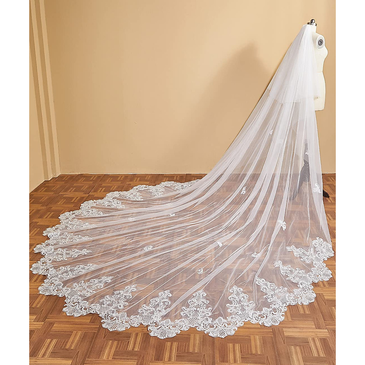 EllieWely Long Cathedral Length 2 Tier Sequin Lace Wedding Bridal Veil F09 3 M Ivory