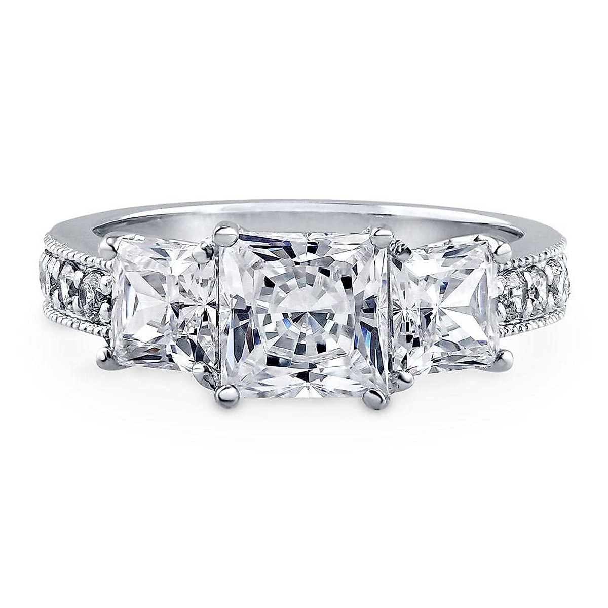 BERRICLE Sterling Silver 3-Stone Wedding Engagement Rings Princess Cut Cubic Zirconia CZ Promise Ring for Women, Rhodium Plated Size 6