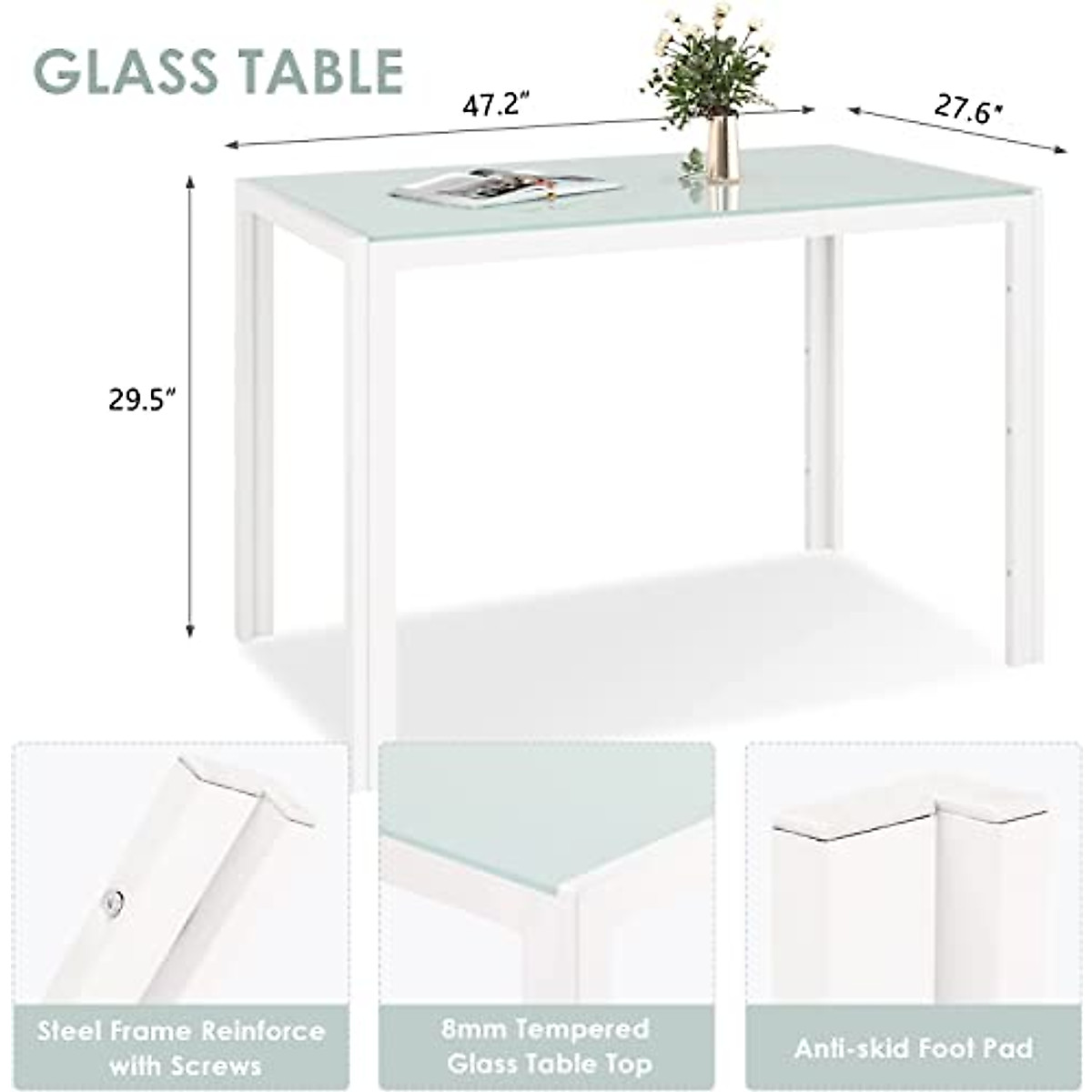 BAHOM 5 Piece Kitchen Dining Table Set for 4, Glass Dining Table and 4 Chairs PU Leather for Breakfast (White)