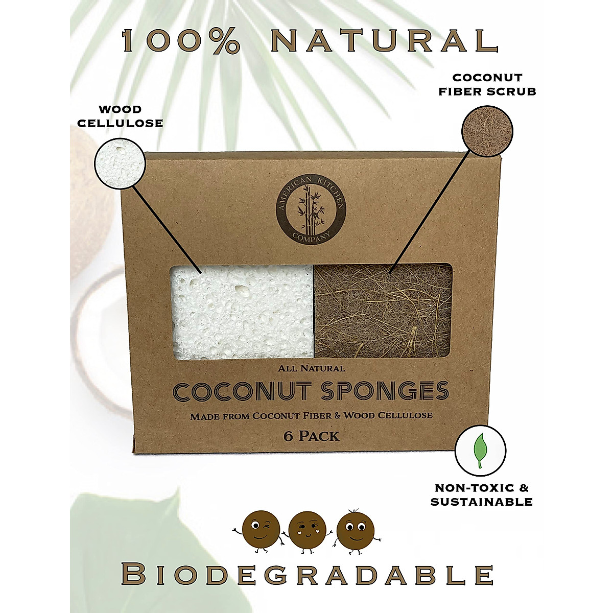 Natural Sponges - 6 Pack of EcoFriendly Biodegradable Coconut Sponges - Multipurpose Kitchen Sponges - by American Kitchen Company ™
