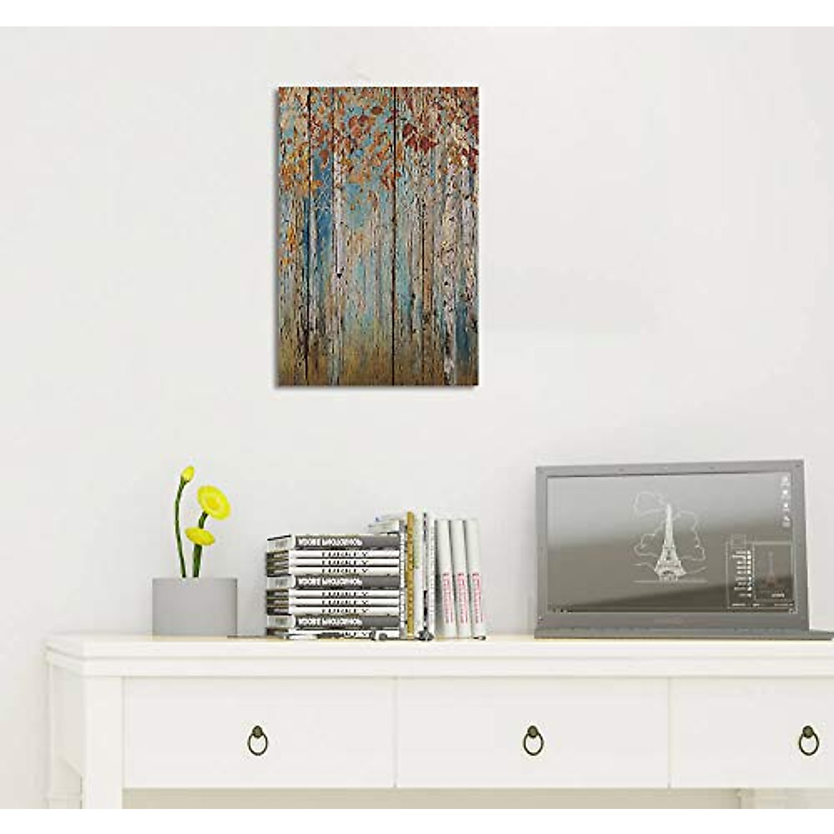 Canvas Wall Art Yellow Tree Forest Landscape Picture Prints, Rustic Modern Birch Trees Nature Woods Abstract Painting Artwork 12"x16" Wood Gallery and Framed for Home Office Living Room Bedroom Decor