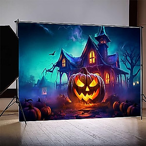 MOONDECO Photography Background 7x5ft Halloween Frame Jack O Lantern Fire Castle Window Backdrop Children Party Props Blue Sky Bat Decor Photo Booth
