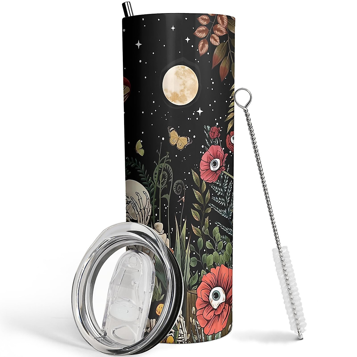 thmasamwr Mushroom Skinny Tumbler With Straw and Lid, Stainless Steel 20oz Insulated Coffee Travel Mug, Skeleton Mushroom Cups for Goth Mushroom Lovers Gifts for Women and Girls