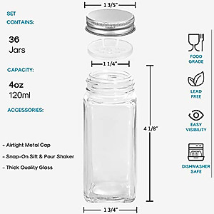 AOZITA 36 Pcs Glass Spice Jars with Spice Labels - 4oz Empty Square Spice Bottles - Shaker Lids and Airtight Metal Caps - Chalk Marker and Silicone Collapsible Funnel Included