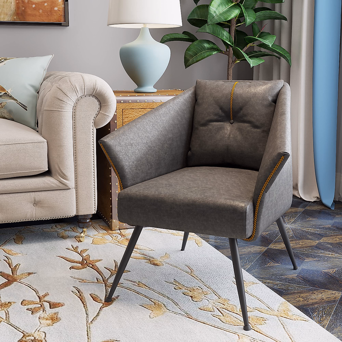 SHINEBOOM Accent Chairs Mid Century Comfy Single Modern Arm Chair for Living Room Bedroom Reading Faux Leather Chair,Grey 1