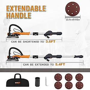 MAXXT Drywall Sander Electric Foldable Wall Sander REAL self-priming system LED light telescopic handle variable speed 6.5A motor six 9-inch sanding discs dust bag