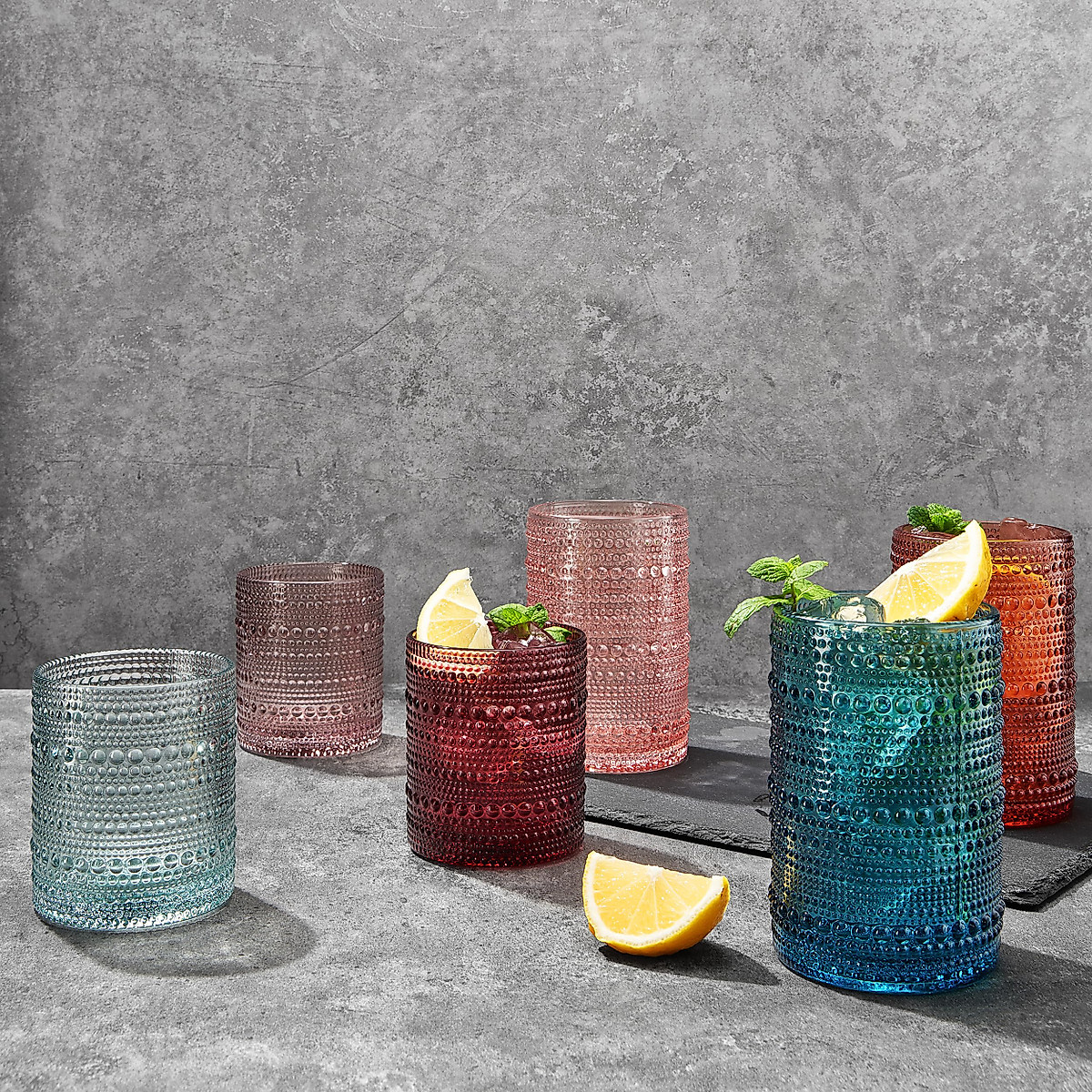 Beaded Hobnail Drinking Glasses Set | Set of 12 | 6x Tumbler 11 OZ + 6x Highball 12 OZ Bubble Design Whiskey Glassware, Old-Fashioned, Embossed Design Glass for Water, Wine, Cocktail HAND WASH ONLY