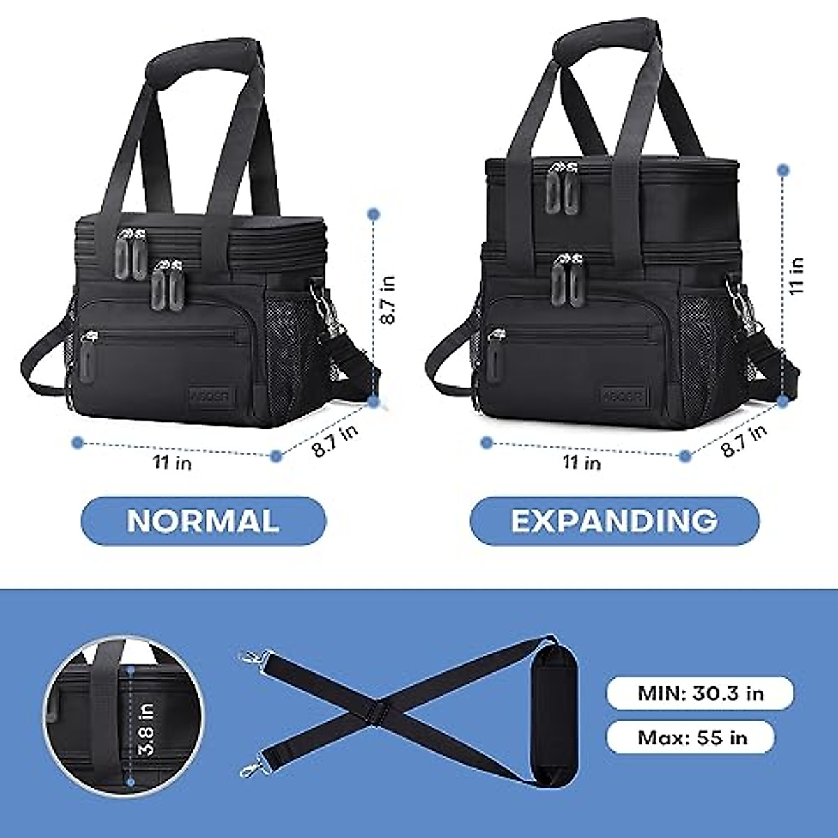 RONROX Double Deck Insulated Lunch Box, Leakproof Reusable Lunch Cooler Bags, Expandable Large Lunch bag, 900D Oxford for Men Women, Adults Work, Office, Picnic, 17L, Black