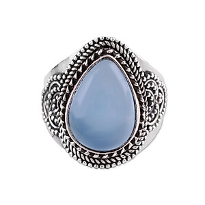 NOVICA Artisan Handmade Chalcedony Cocktail Ring Sterling Silver Blue India [crownbezel 0.7 in L x 0.8 in W x 0.3 in H Band Width 3 mm W] ' Charismatic Blue Charm'