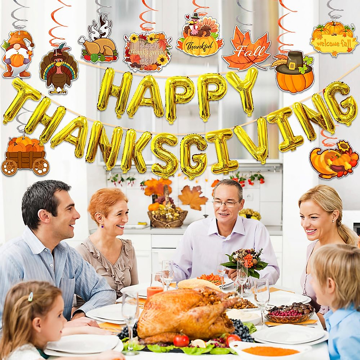 Thanksgiving Decorations Indoor, Happy Thanksgiving Banner | 16 Inches Gold 3D Foil Letter Balloons Decoration Fhoto Backdrop for Thanksgiving Party - Fall Office Decoration - Pack of 42