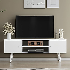 Mid-Century Modern TV Stand for 55/60 inch TV, Entertainment Center with Storage Cabinet and Open Shelves, TV Media Console for Living Room, Bedroom and Office, White