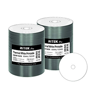 200 Pack Ritek Pro (Professional Grade) CD-R 52X 700MB White Thermal Hub Printable Blank Media Recordable Disc