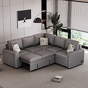 P PURLOVE Convertible Sectional Sofa, Pull-Out Sleeper Sofa Bed with 3 Pillows and 2 USB Ports, L Shaped Couch with 2 Power Sockets for Apartment, Living Room (Brown)