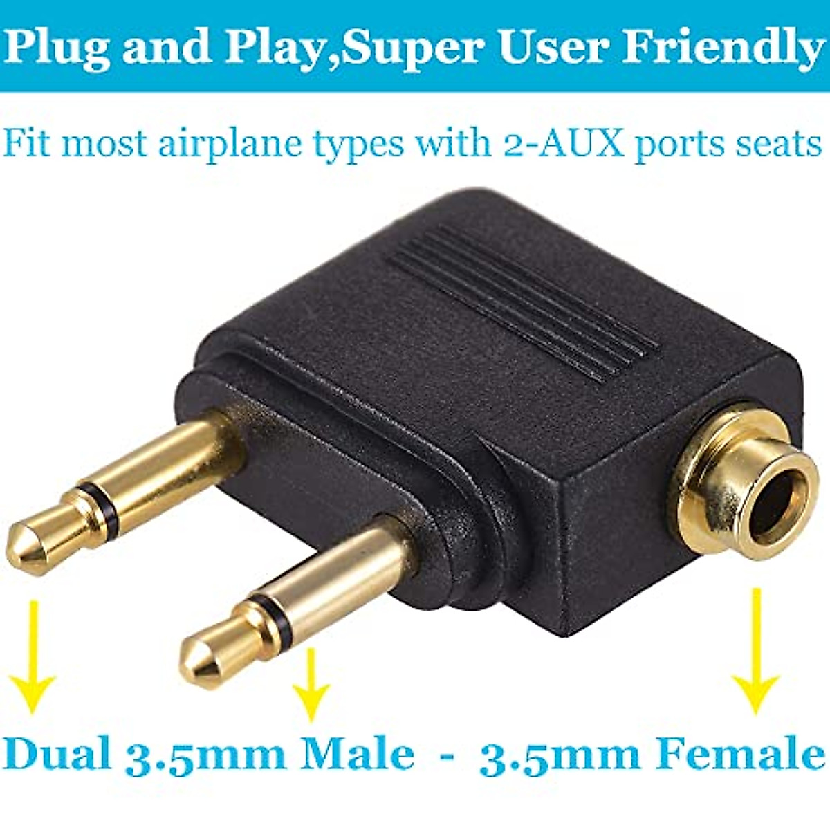 Warmstor Dual 3.5mm Male to 3.5mm Female Airplane Airline Flight Headphones Adapter Gold Plated (4 Pack)