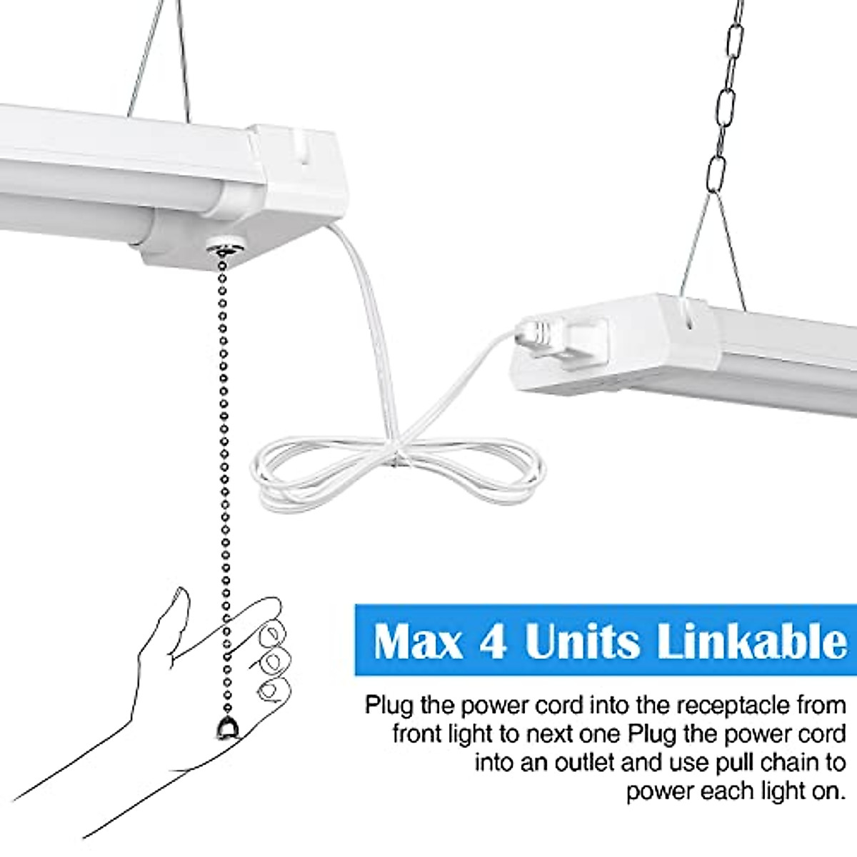 ZJOJO Linkable LED Shop Light for Garage, LED Shop Light 42W [250W Equivalent] 5000lm 4FT, 6000-6500K Daylight White, 5-Year-Warranty, Shop Lights with Pull Chain (ON/Off) for Office Warehouse-(1PK)