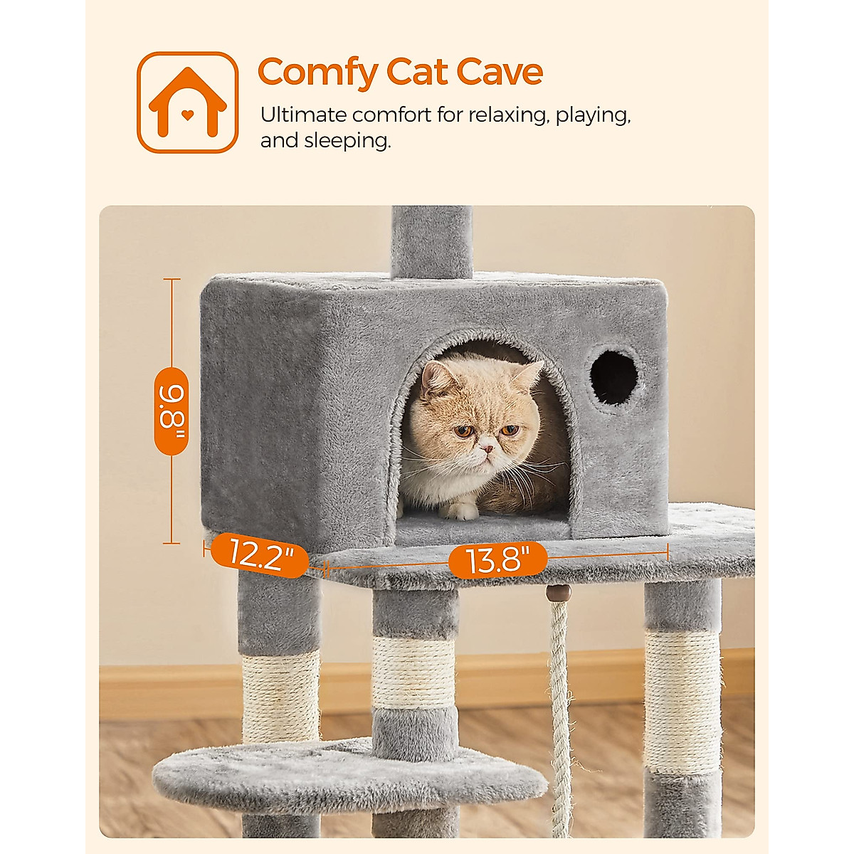 FEANDREA Cat Tree, Cat Tower for Indoor Cats, 56.3-Inch Cat Condo with Scratching Posts, Hammock, Plush Perch, Light Gray UPCT15W