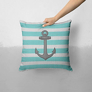 iiRov Teal Stripes with Gray Nautical Anchor - Custom Decorative Home Decor Indoor or Outdoor Throw Pillow Cover Plus Cushion Set for Sofa, Bed or Couch (Pillow CASE Cover Plus Cushion)