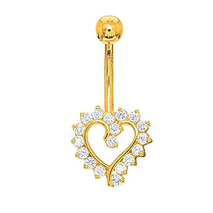 14k Solid Gold Yellow Belly Open Heart CZ Navel Ring Body Jewelry, 1.7gr.