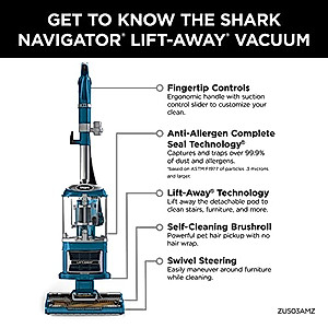 Shark ZU503AMZ Navigator Lift-Away Upright Vacuum with Self-Cleaning Brushroll, HEPA Filter, Swivel Steering, Upholstery Tool & Pet Crevice Tool, Perfect for Pets & Multi-Surface Cleaning, Teal