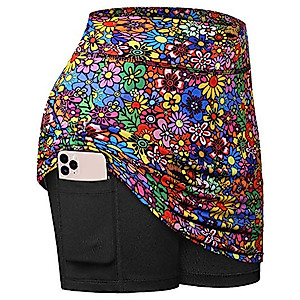 Fulbelle Tennis Skirt with Shorts, Cute Casual Summer Athletic Golf / Running Skorts with Pockets for Women, Colorful Flower Large