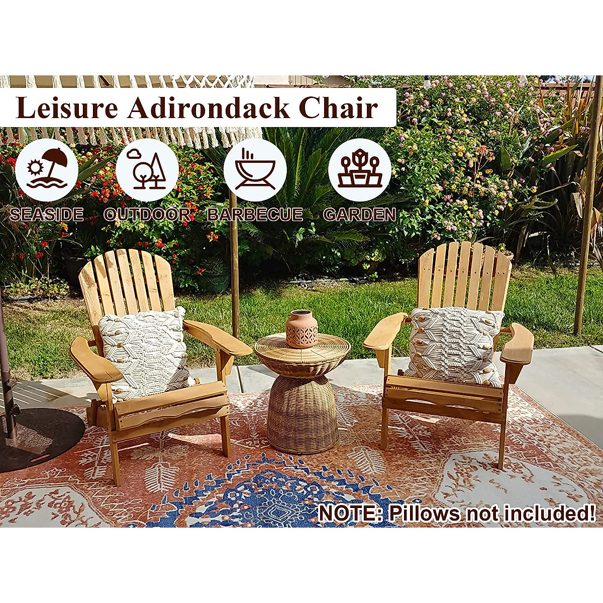 Hudada Adirondack Chairs Set of 2 Folding Lounger Chair for Lawn,Outdoor,Patio,Fire Pit Seating Accent Furniture w/Natural Finish Weather Resistant, Wooden