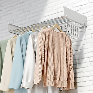 YEPATER Wall Mounted Clothes Drying Rack, Collapsible Drying Racks for Laundry Bathroom, 5 Stainless Steel Rods, 60 lb Capacity, with Wall Template Screwdriver Bit, Drill Bit, White,40 in