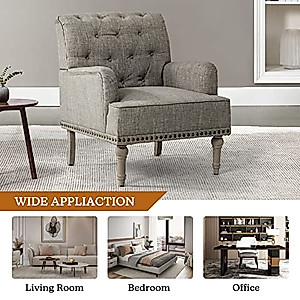 HULALA HOME Set of 2 Modern Accent Chair with Retro Wood Legs, Comfy Upholstered Armchair with Button-Tufted and Nailhead Trim for Living Room Bedroom, Grey