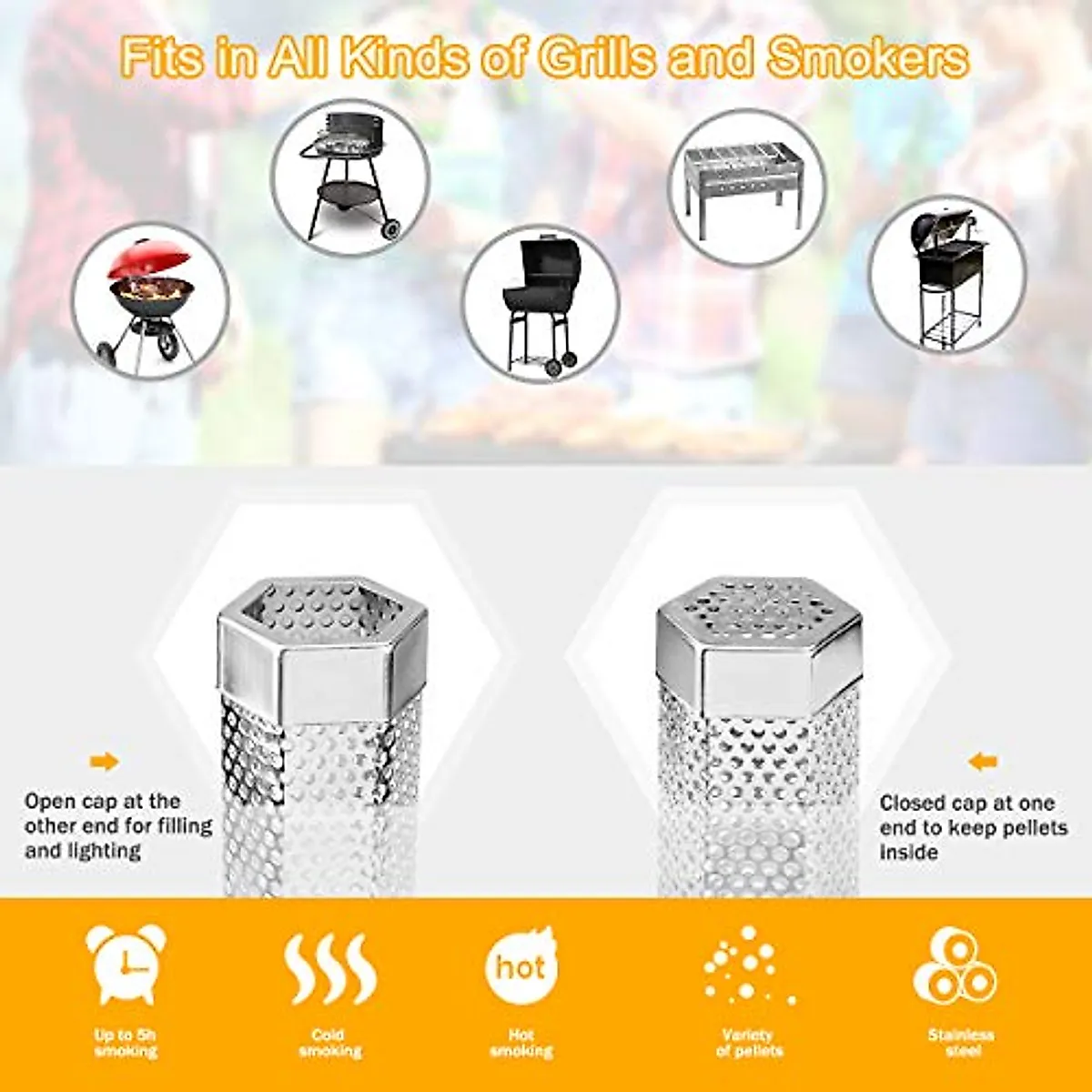 Pellet Smoker Tube, 2 Pack 12'' Stainless Steel BBQ Wood Pellet Tube Smoker with 2 Hooks and 2 Brushes for Cold/Hot Smoking