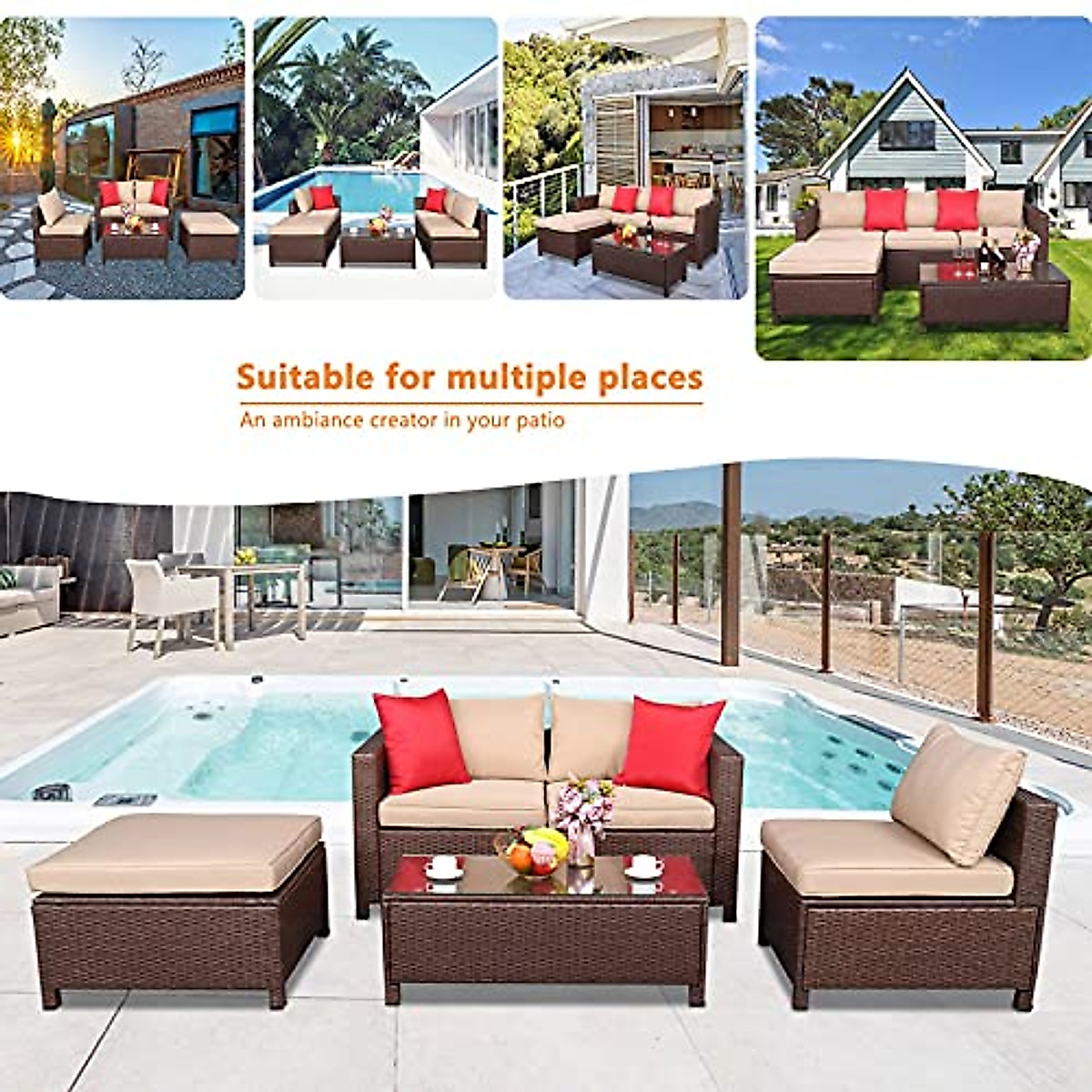 L-DREAM Patio Porch Sofa 5-Piece Set - Rattan Seating Sofa with Tea Table - Brown PE Wicker Rattan - with Washable Couch Cushions - for Outdoor Garden Backyard Poolside Furniture (Color : Brown)