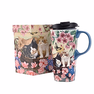 TZSSP Coffee Ceramic Mug Travel Mug Porcelain Latte Tea Cup With Lid 17oz. Flower and Cat