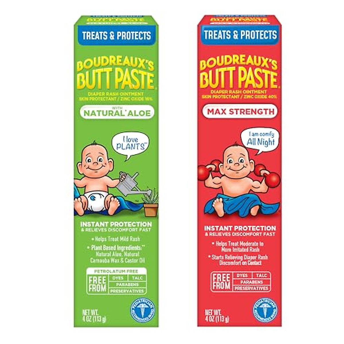 Boudreaux's Butt Paste Diaper Rash Ointment Variety Pack (1-4 oz Maximum Strength, 1-4 oz Natural Aloe)