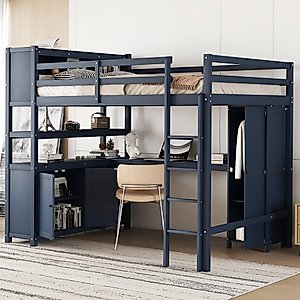 VilroCaz Wood Loft Bed with Built-in Desk and Wardrobe, Modern Full Size Loft Bed Frame with Cabinet and Bookshelf for Kids Teens Adults Bedrooms, Maximize Space (Dark Blue-7.22)