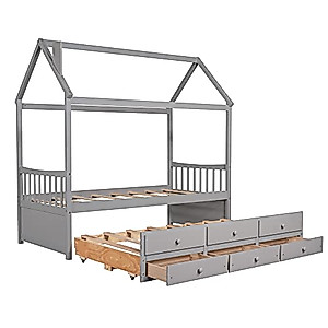 TARTOP Twin Size House Bed with Trundle and 3 Storage Drawers, Twin Captain's Beds Wooden Storage Daybed Frame for Kids Teens Boys Girls,Gray