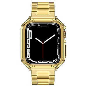 Compatible with Apple Watch Band and Case, Stainless Steel Metal Chain with TPU Cover, Smart-Watch Link Bracelet Strap, Wrist-Band for i-Watch Series 8 7 6 5 4 3 2 1 SE SE2, 45mm 44mm 42mm, Gold