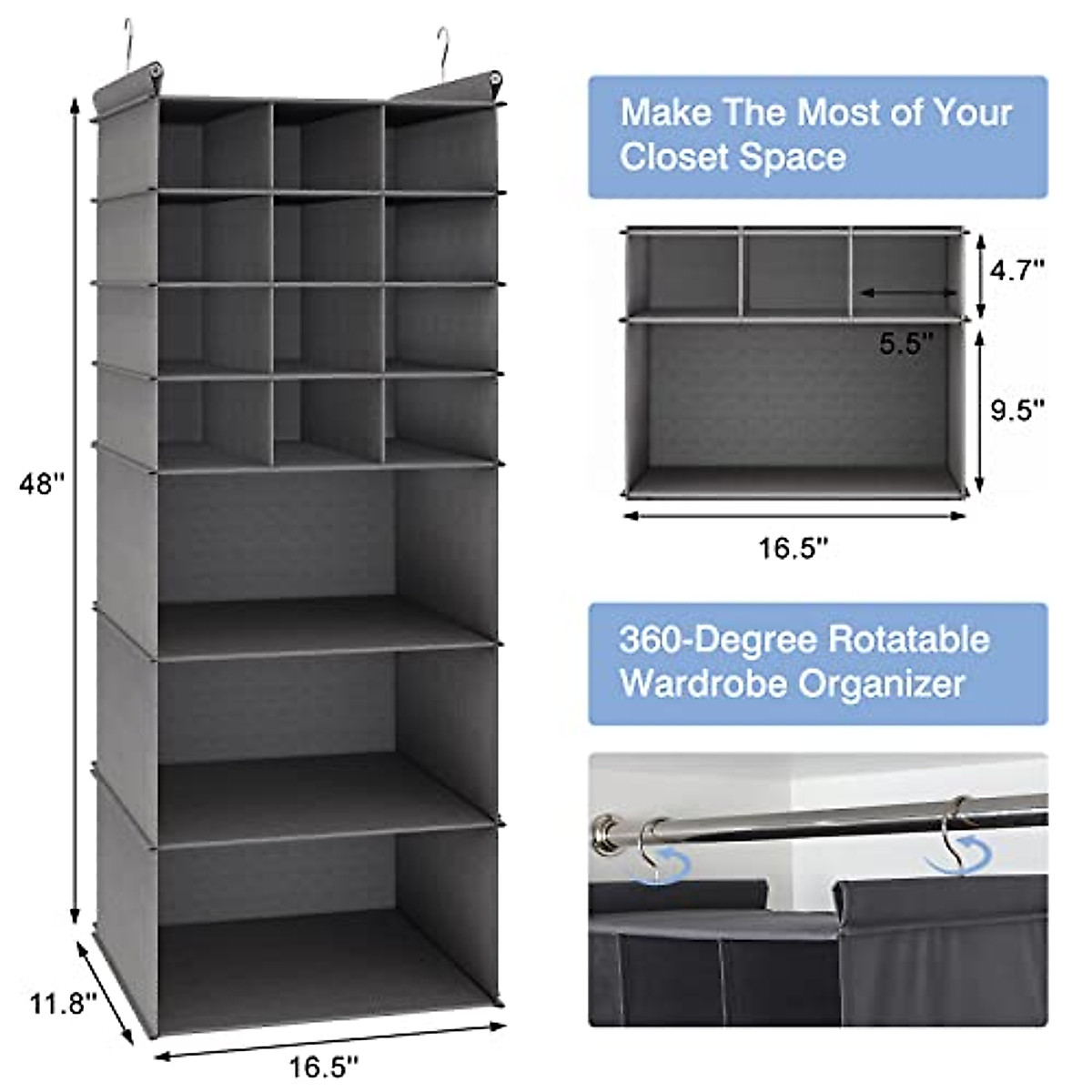 Fixwal Hanging Closet Organizer Storage 15 Section Clothes Drawers & Shoe Shelves Space Saving Clothes Shoes Accessories Holder & Storage for Bedroom Nursery Cloakroom Or RVs