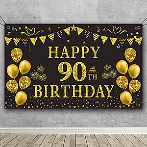 Trgowaul 90th Birthday Decoration Set: Includes 90th Black Gold Birthday Backdrop, Gold Glittery Cheers to 90 Years Banner, Pom Poms, 6Pcs Sparkling 90 Hanging Swirl and Balloons