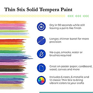 The Pencil Grip Kwik Stix Solid Tempera Paints, Thin Stix Paint Pens, Super Quick Drying, 6 Neon, 6 Metalix & 12 Classic Vibrant Colors - 24 Pack - TPG-620