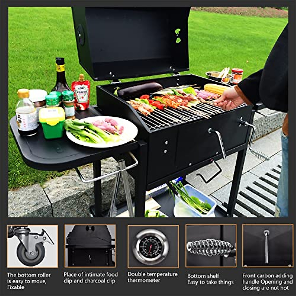 CRYSTAL FIT Charcoal Grills, 24-Inch Charcoal Grill Outdoor Cooking Smoker Backyard Barbeque Griller with Side Trays, Black